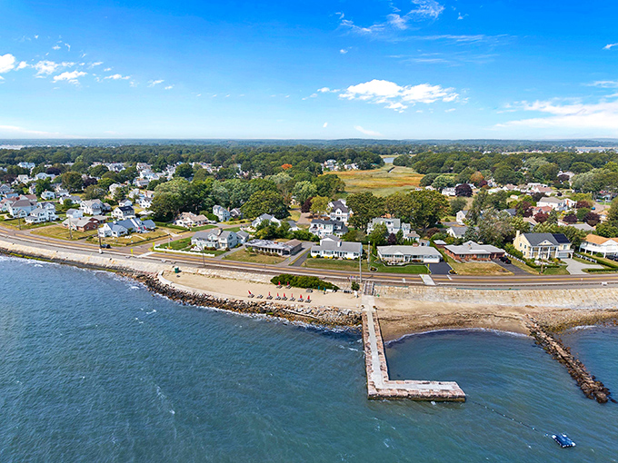 Aerial dreams come true where the Connecticut River meets the Sound. Old Saybrook's peninsula layout means water views that make landlocked visitors weep with joy.