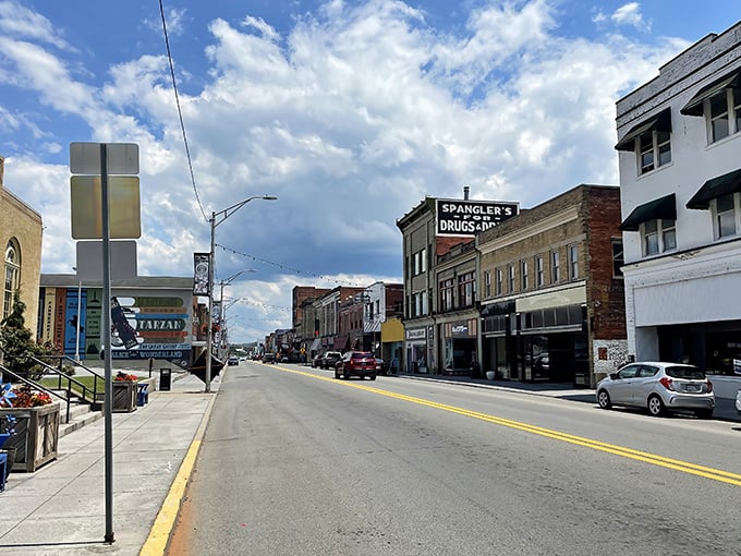Mercer Street stretches into the distance like a Norman Rockwell painting come to life, complete with historic storefronts and small-town charm.