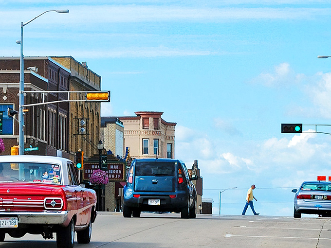 Downtown Viroqua captures that perfect small-town America vibe where vintage cars and modern life coexist peacefully under impossibly blue Wisconsin skies.