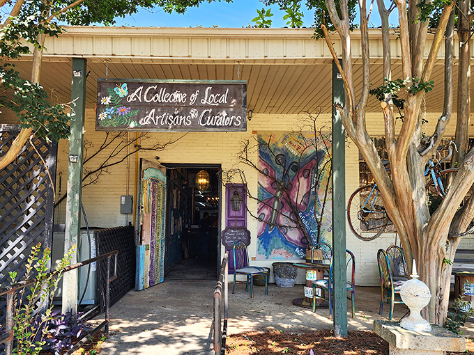 The entrance says it all: "A Collection of Local Artisans & Curators." Like a butterfly-adorned portal to vintage wonderland, this fa&ccedil;ade promises treasures within.