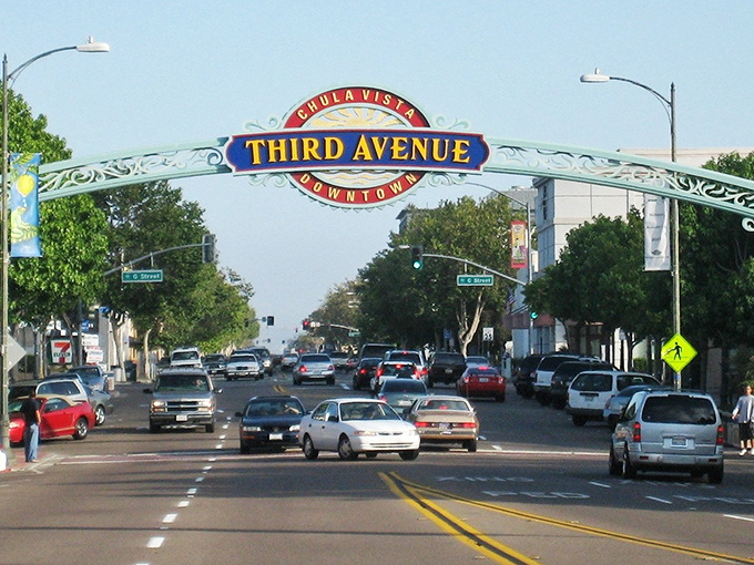 The iconic Third Avenue arch welcomes visitors to downtown Chula Vista, where affordability meets California charm without the tourist price tags.