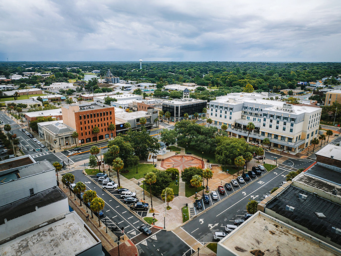 Downtown Ocala from above &ndash; where charming brick buildings meet lush greenery, and your retirement dollars stretch further than your morning yoga class.