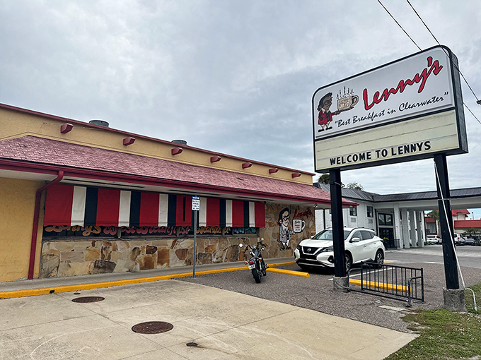 The iconic red and white awning of Lenny's stands as a beacon of breakfast hope along Clearwater's busy streets.