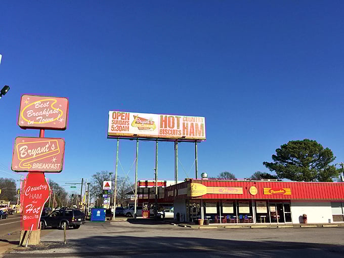 The iconic red exterior of Bryant's Breakfast stands like a beacon of hope for hungry Memphians. Those "HOT BISCUITS" and "COUNTRY HAM" signs aren't kidding around.