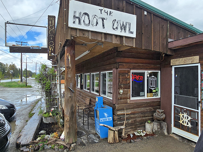 That weathered sign promises authentic deliciousness, while hanging flower baskets add a touch of Idaho charm.