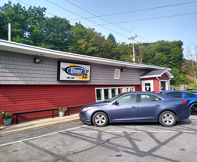 The classic red exterior of Diner 22 stands like a beacon of hope for hungry travelers along Route 22 in Alexandria.