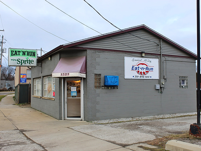 The unassuming exterior of Eat N' Run might not stop traffic, but locals know this gray building with its vintage Sprite sign houses breakfast gold.