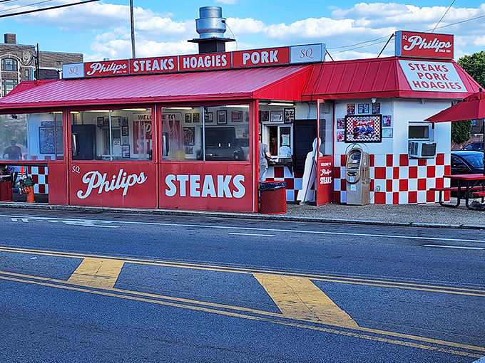 Bathed in evening light, Philip's stands like a beacon of hope for the hungry, promising salvation between two pieces of bread.