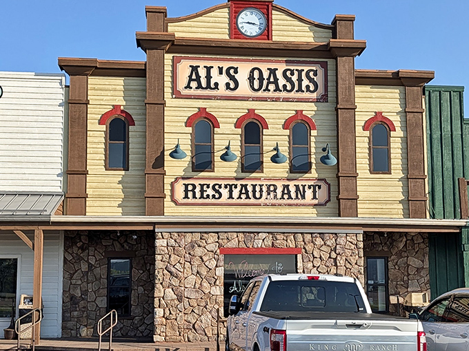 The iconic Western-style facade of Al's Oasis stands proudly against the South Dakota sky, beckoning hungry travelers like a mirage of comfort food.