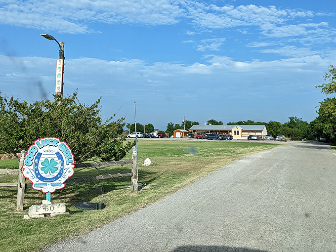 A blue Texas sky welcomes you to Good Luck Grill, where that four-leaf clover sign isn't just decoration&mdash;it's a promise of delicious fortune ahead.