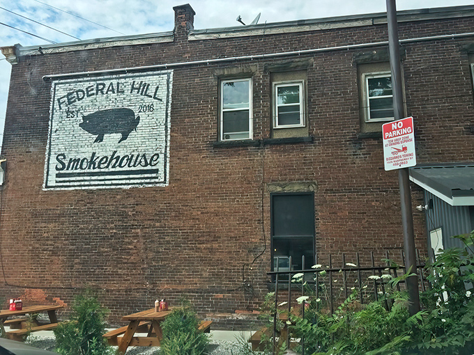 Another angle reveals the unassuming charm of this Erie institution, where picnic tables hint at the casual, no-frills approach to serious barbecue business.