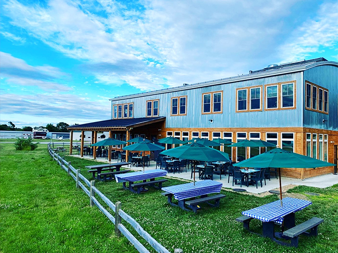 Blue skies, blue building, and blue-checkered picnic tables&mdash;this place understands the importance of thematic consistency and outdoor dining perfection.