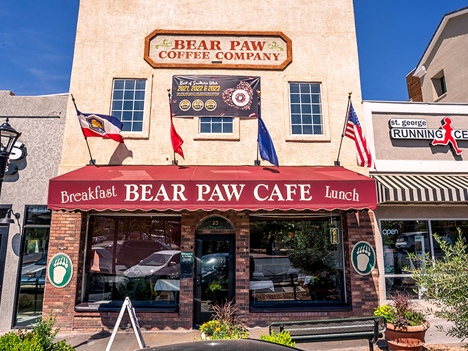 The iconic red awning of Bear Paw Cafe beckons like a lighthouse for hungry souls in downtown St. George.
