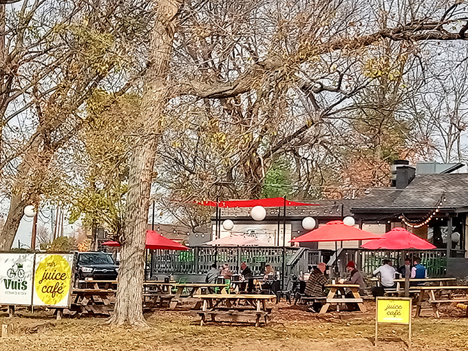 Outdoor paradise awaits at Vui's Kitchen, where picnic tables under mature trees create the perfect setting for slurping pho on a Tennessee afternoon.