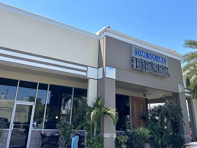 The unassuming exterior of Time Square Diner in Melbourne hides culinary treasures within. Florida's best-kept Greek secret wears no fancy disguise.