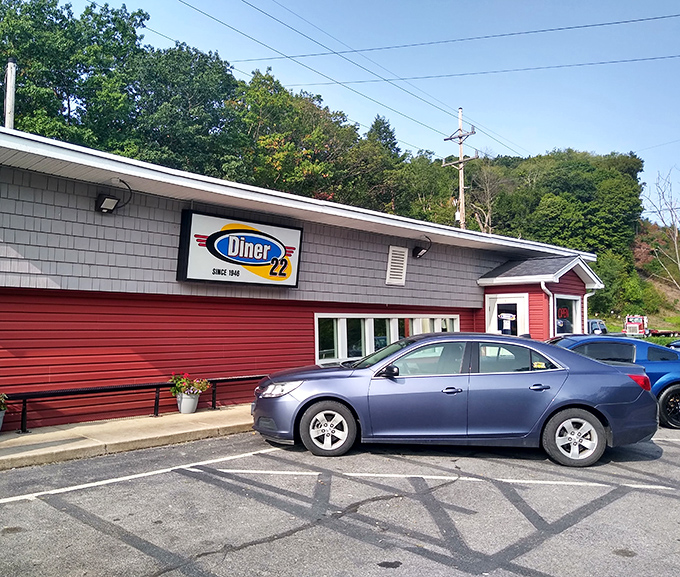 The bright red exterior of Diner 22 stands out like a beacon of hope for hungry travelers along Pennsylvania's scenic byways.