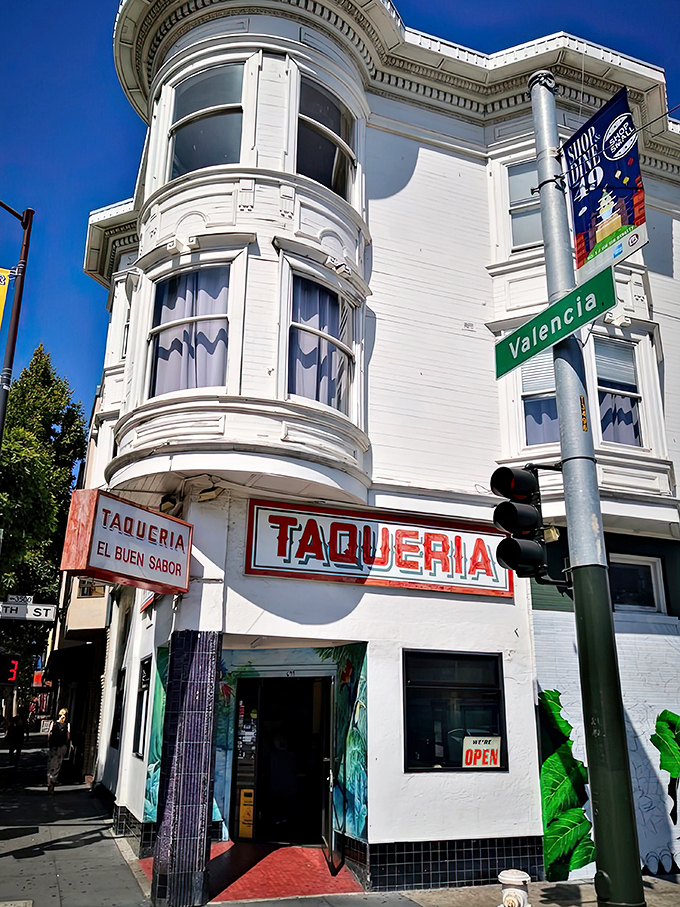 The iconic corner spot where burrito dreams come true. That bold red "TAQUERIA" sign has guided hungry San Franciscans for years.