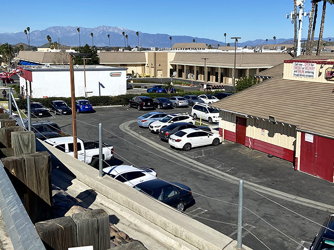From this vantage point, you can see the restaurant's strategic position against the backdrop of Southern California mountains&mdash;comfort food with a view.