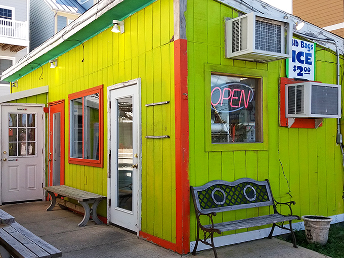 The lime-green exterior of Bahama's Crabshack stands out like a tropical oasis in Fenwick Island. No fancy architecture needed when what's inside matters most.