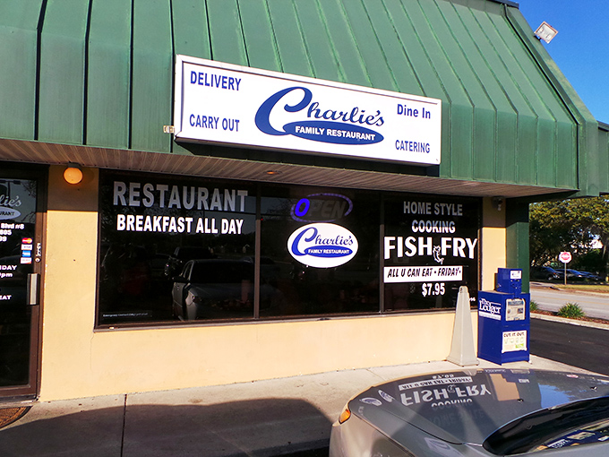 The green-roofed treasure that is Charlie's Family Restaurant stands as a beacon of breakfast hope on Lakeland Hills Boulevard, promising homestyle cooking that delivers on every level.