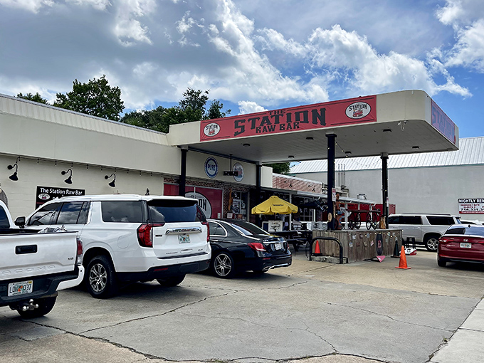 Gas stations usually fill your tank, but this one fills your stomach. The Station's iconic canopy now shelters hungry diners instead of fuel pumps.