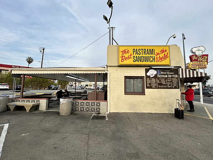 The unassuming yellow exterior of The Hat in Alhambra stands as a beacon of hope for pastrami lovers everywhere. No frills necessary when the food speaks this loudly.