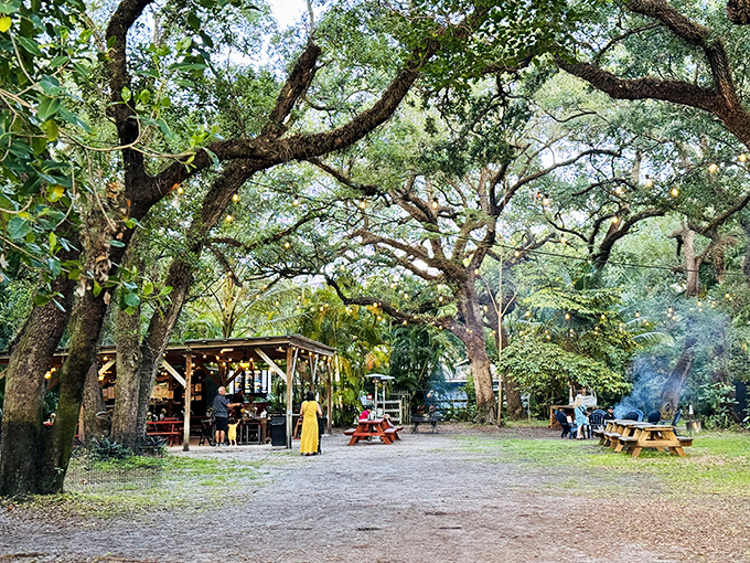 Nature's dining room at its finest. Ancient oaks create a canopy over this rustic outdoor eatery where smoke signals announce something delicious is cooking.