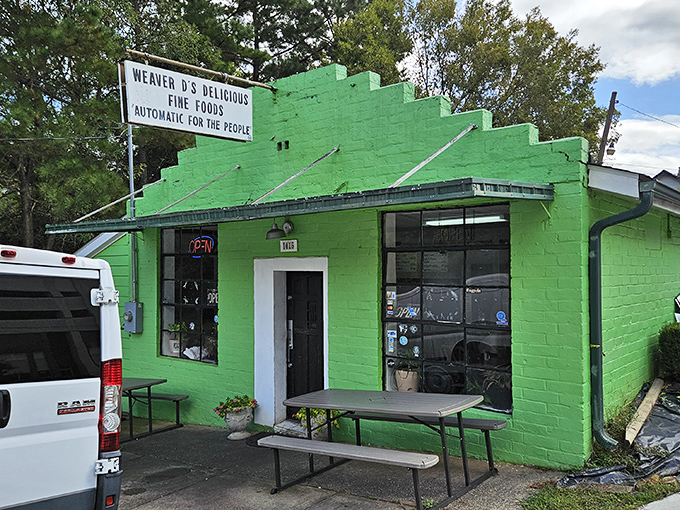 The lime-green beacon of culinary delight stands proudly on East Broad Street, its "Automatic for the People" sign promising Southern comfort with every meal.