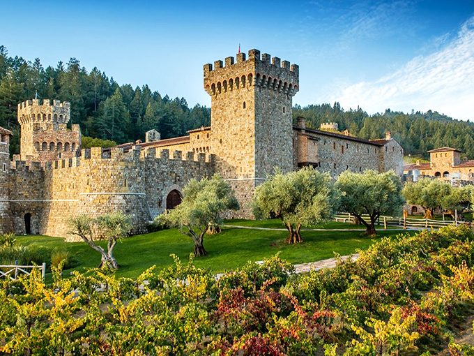 The view of Castello di Amorosa, surrounded by trees and set against a perfect sky, looks straight out of a storybook — majestic, timeless, and absolutely breathtaking.