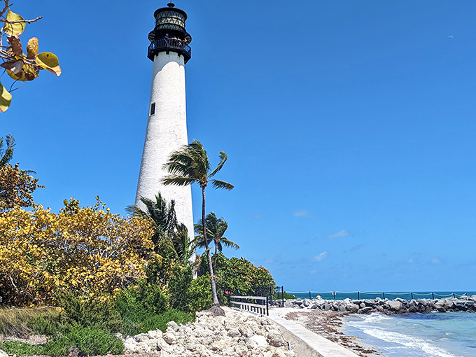 Standing tall since 1825, Cape Florida Lighthouse cuts a striking figure against the impossibly blue Florida sky, like a sentinel guarding paradise itself.