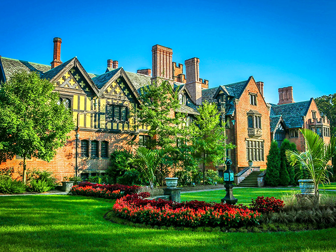 The grand Tudor Revival mansion rises above meticulously landscaped gardens like Ohio's answer to Downton Abbey, minus the British accents and family drama.