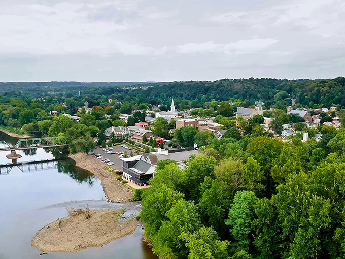 New Hope's aerial view reveals its perfect small-town formula: historic architecture nestled against the Delaware River, with lush greenery framing every charming corner.