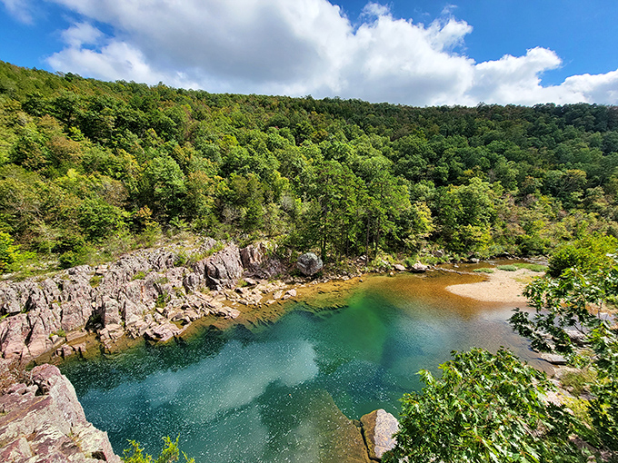 The emerald waters of Johnson's Shut-Ins from above reveal why locals call this Missouri's hidden Caribbean. Those colors aren't Photoshopped&mdash;they're pure Ozark magic!
