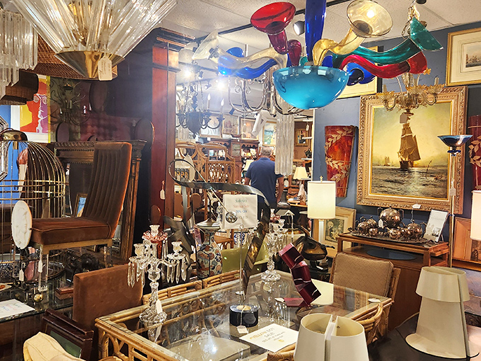 That multicolored glass chandelier alone could start a thousand conversations about the good old days.