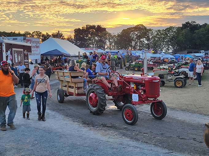 Sunset magic at Williams Grove, where vintage tractors offer rides and memories are made with every turn of those magnificent red wheels.