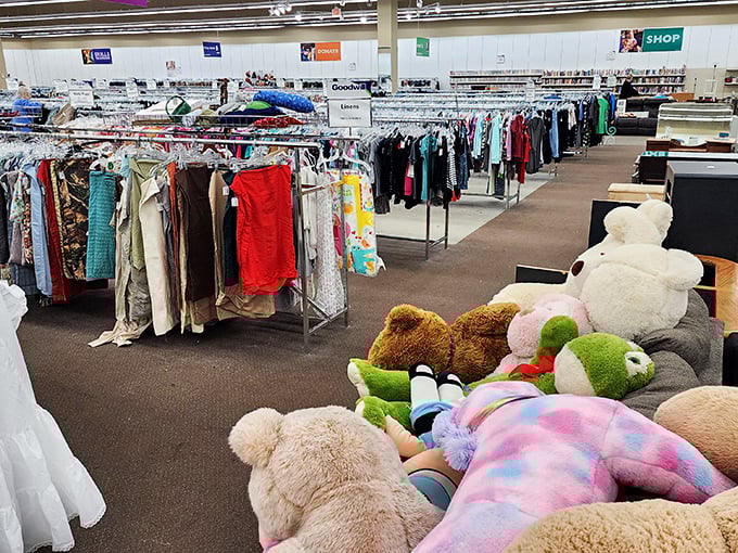 Rows of clothing stretch into the distance like a fabric fashion highway with unlimited possibilities ahead.