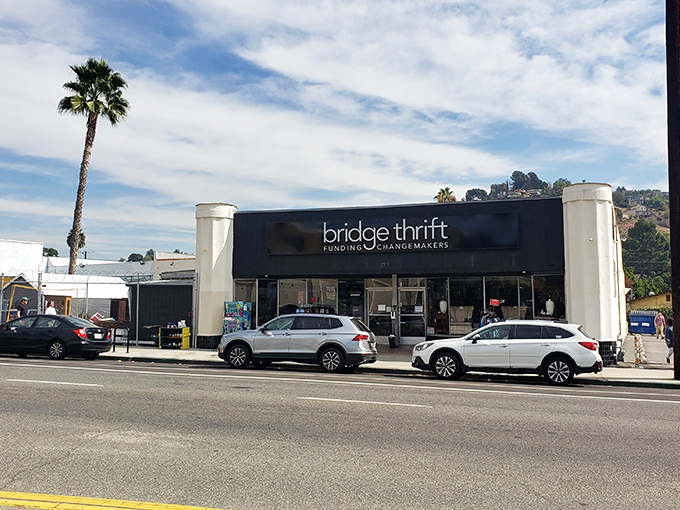 The unassuming storefront of Bridge Thrift belies the wonderland within. That palm tree seems to wave you in like a California concierge.