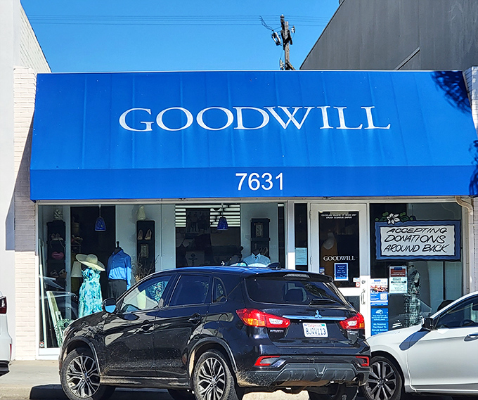 The iconic blue awning of La Jolla's Goodwill beckons like a beacon for bargain hunters &ndash; where coastal California's castoffs become your next conversation piece.