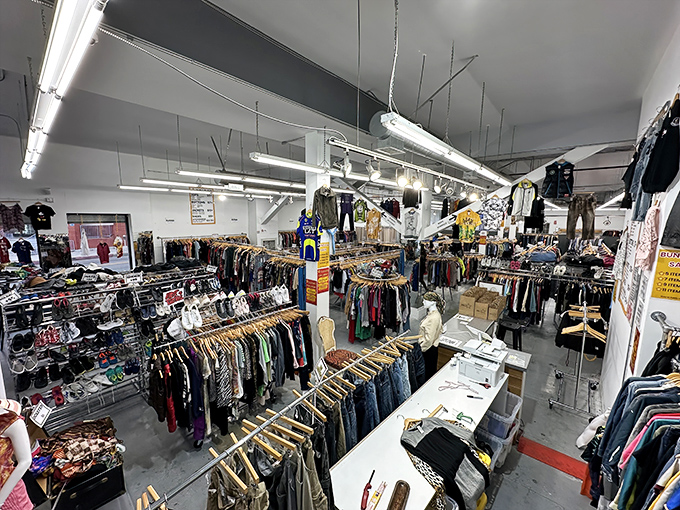 Inside this thrifting paradise, racks stretch toward infinity like a fashionista's dream sequence. Your next favorite outfit is hiding somewhere in plain sight.