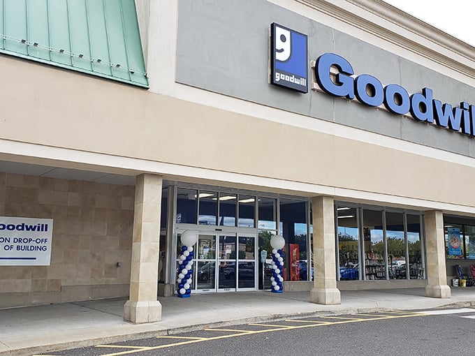 The iconic blue Goodwill sign welcomes bargain hunters to this Danbury treasure trove, where one person's donations become another's discoveries.