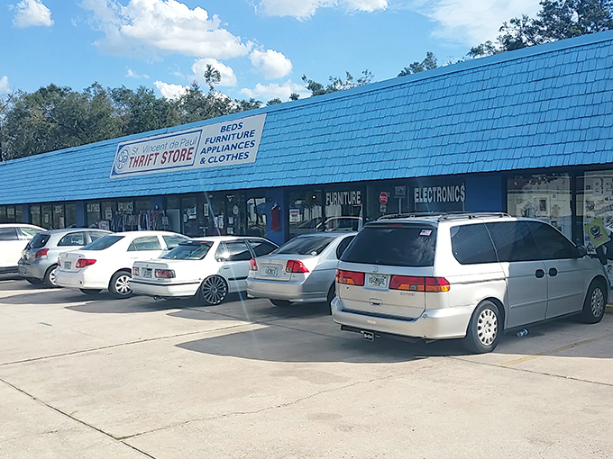 The bright blue exterior isn't just eye-catching&mdash;it's a beacon of bargain hope in Apopka, promising treasures that won't break the bank.