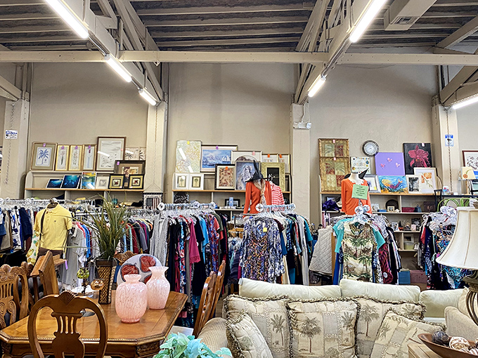 Fashion finds and furniture treasures coexist in perfect harmony here, like a living room where vintage couture decided to throw a party.