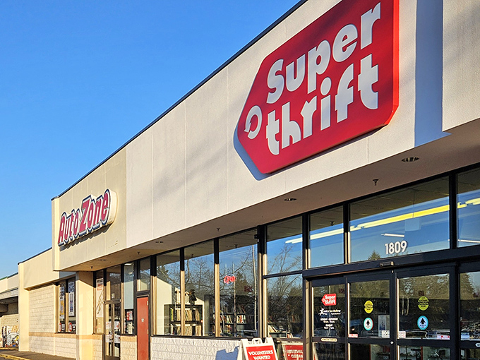 The iconic red SuperThrift sign beckons bargain hunters like a lighthouse for the fiscally responsible in Oregon City's retail seascape.