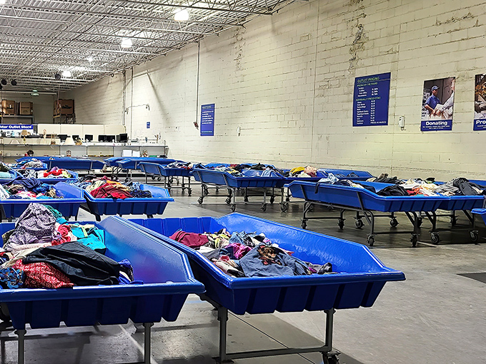 The blue bins of bargain destiny await at Goodwill Outlet in Richmond, where treasures hide in plain sight like diamonds in the rough.