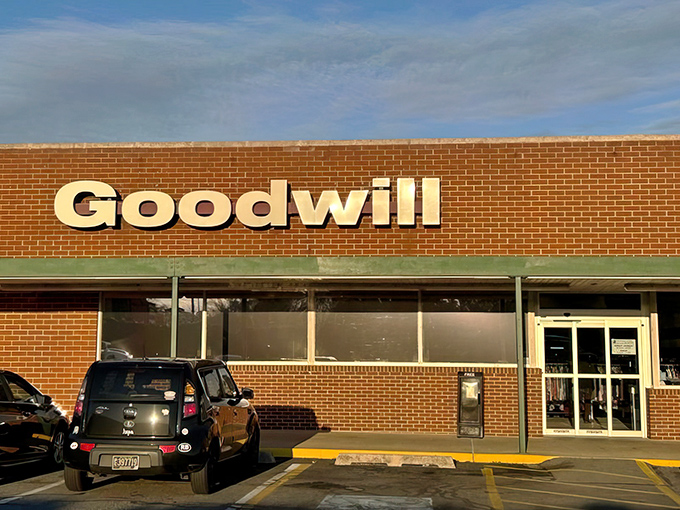 The unassuming brick facade of Goodwill in Millsboro hides a universe of possibilities within. Treasure hunting begins at these doors.