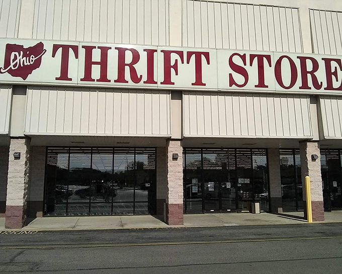 Another angle of the thrift store's exterior reveals its unassuming strip mall charm &ndash; proof that treasure doesn't always hide in fancy packaging.