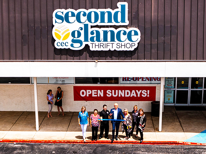 A ribbon-cutting celebration outside Second Glance. Even in Texas, where everything's bigger, the excitement for bargain hunting knows no bounds.