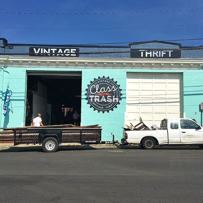 Sun-drenched and inviting, this industrial-chic entrance is where Richmond's bargain adventure begins. The pickup truck seems to be delivering tomorrow's treasures today.