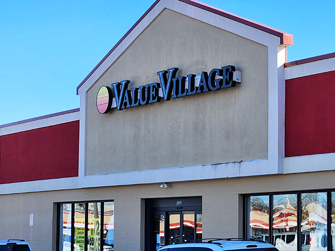 The iconic red and beige facade of Value Village stands like a beacon for bargain hunters across Wisconsin.