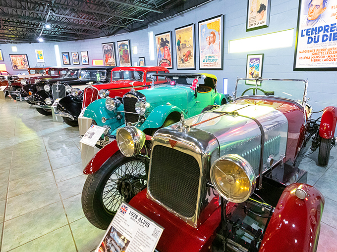 A rainbow of automotive history lines up like eager performers on opening night. The turquoise beauty in the center practically begs for a Sunday drive.